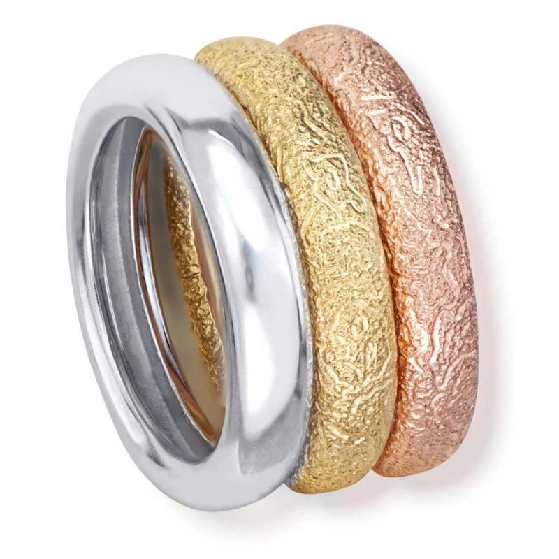 Alex Soldier: Multi Gold Three Band Stackable Textured Rings - Luxferity
